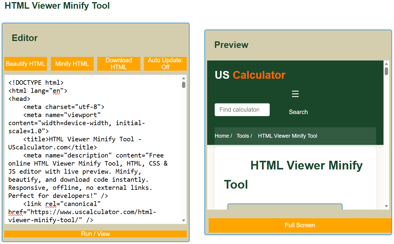 HTML Viewer Minify Tool - UScalculator.com